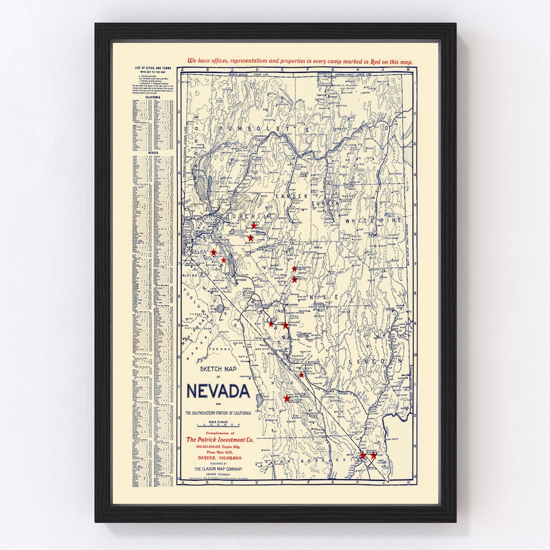 Nevada Map 1906 Old Map of Nevada Art Vintage Print Framed Wall Art ...