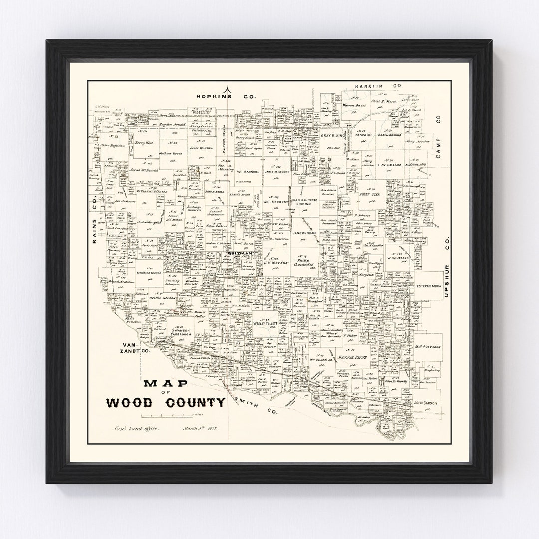 Wood County TX Map 1877 Old Map of Texas Art Vintage Print Framed ...