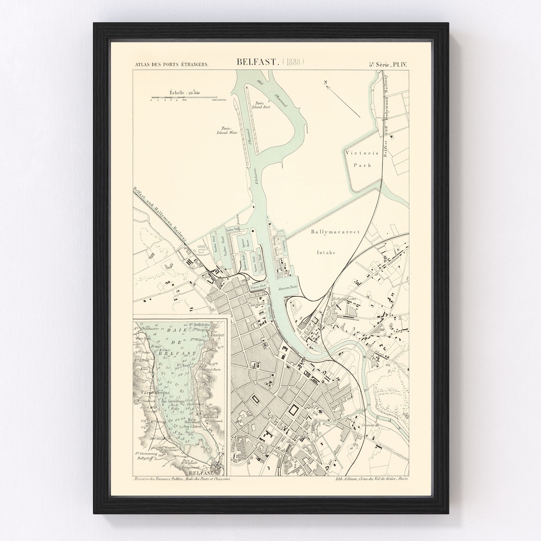 Belfast Map 1888 Old Map of Belfast Ireland Art Vintage Print Framed ...