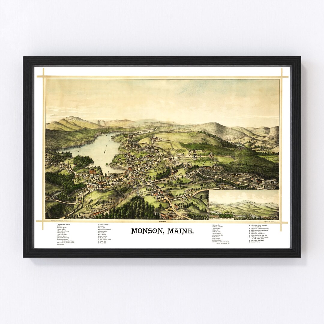Monson Map 1889 - Old Map of Monson Maine Art Vintage Print Framed ...