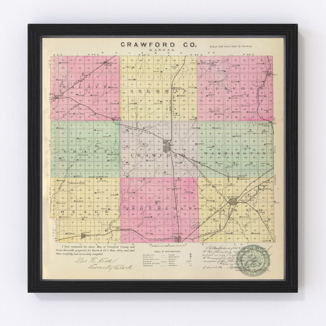 Crawford County KS Map 1887 Old Map of Girard Kansas Art Vintage Print ...