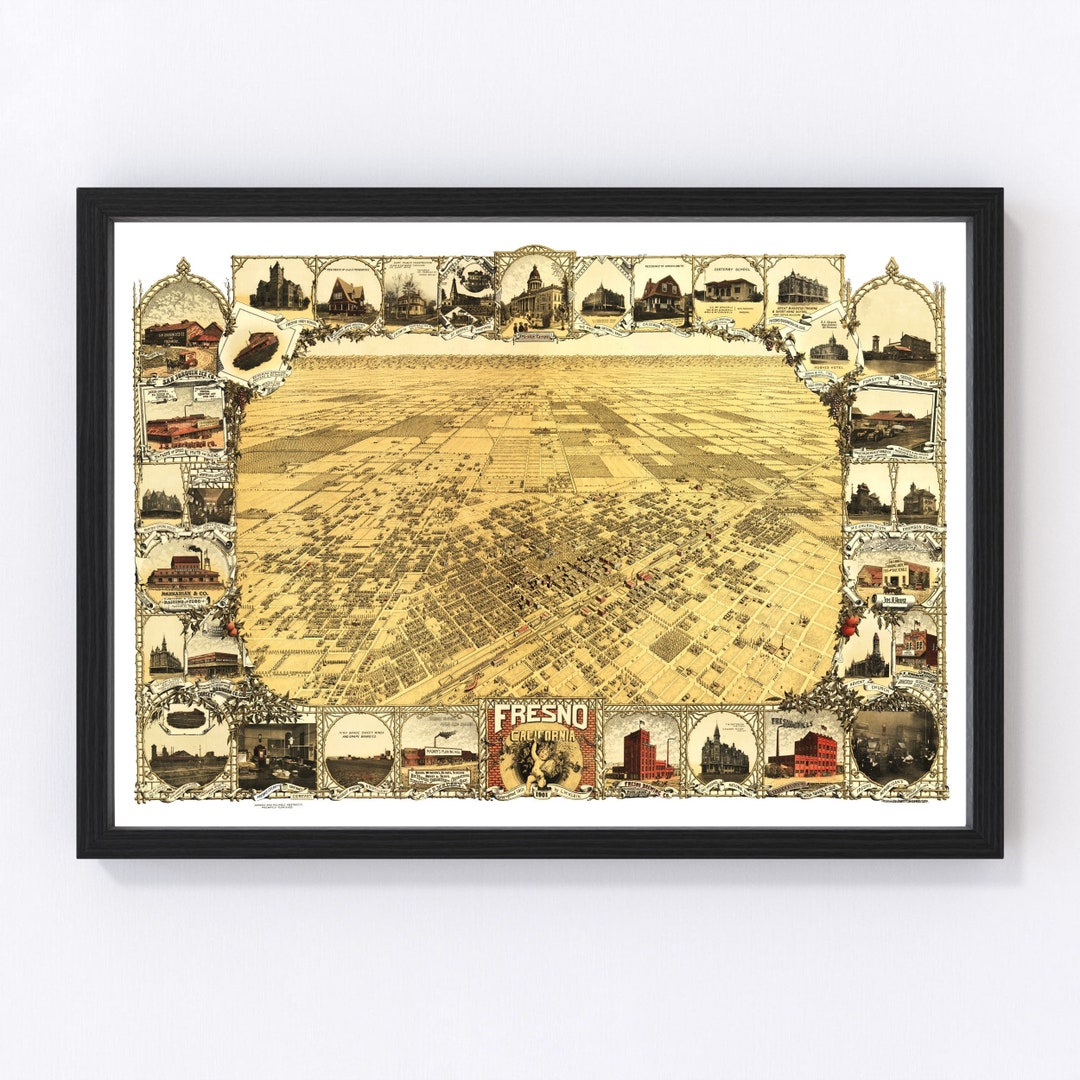 Fresno Map 1901 - Old Map of Fresno California Art Vintage Print Framed ...