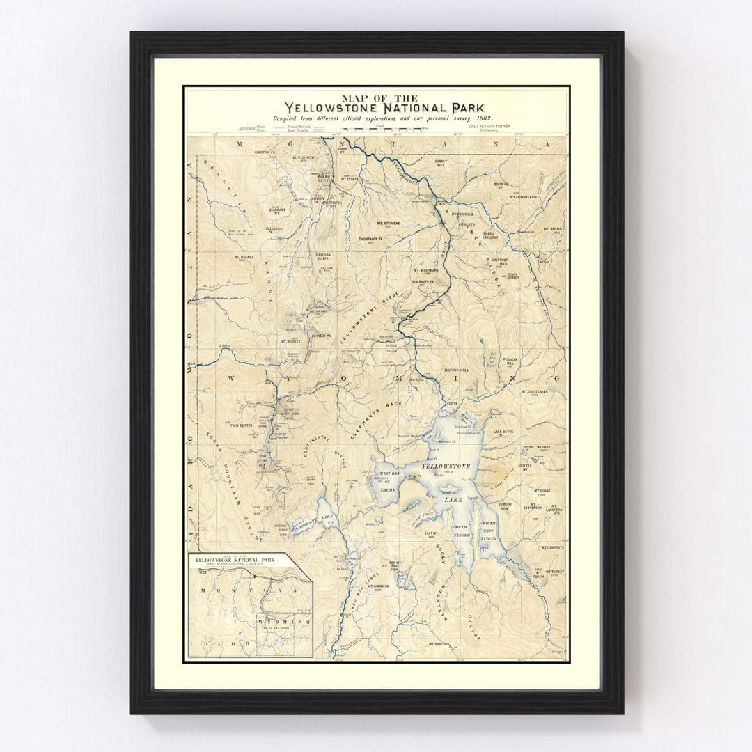 Yellowstone National Park Map 1882, Vintage Yellowstone National Park ...