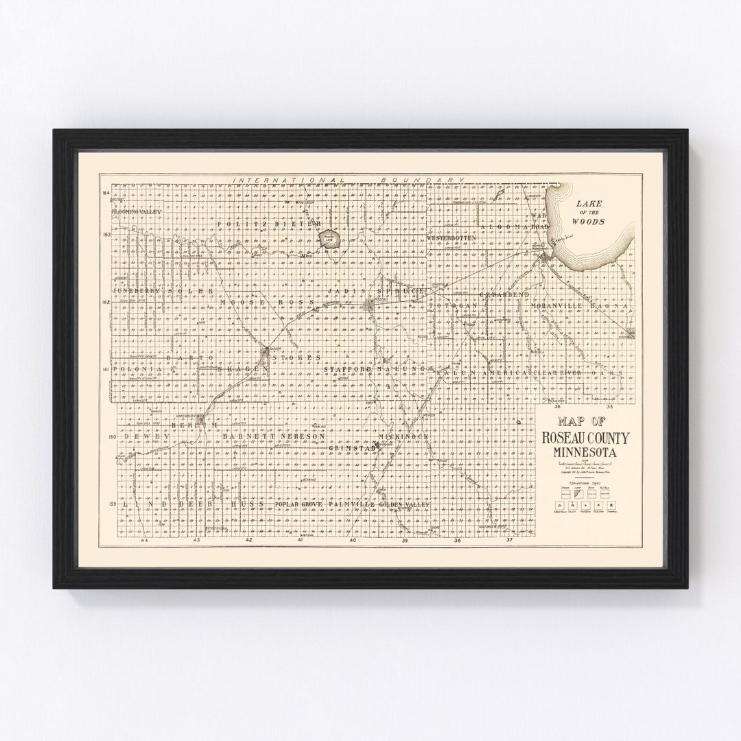 Roseau County MN Map 1911 Old Map of Minnesota Art Vintage Print Framed ...