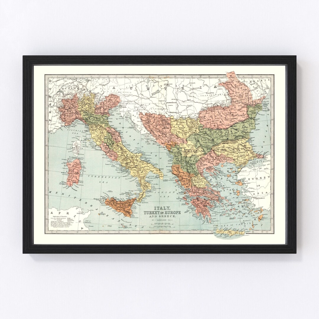 Italy, Turkey and Greece Map Art - Vintage Print From 1871 - Old Italy ...
