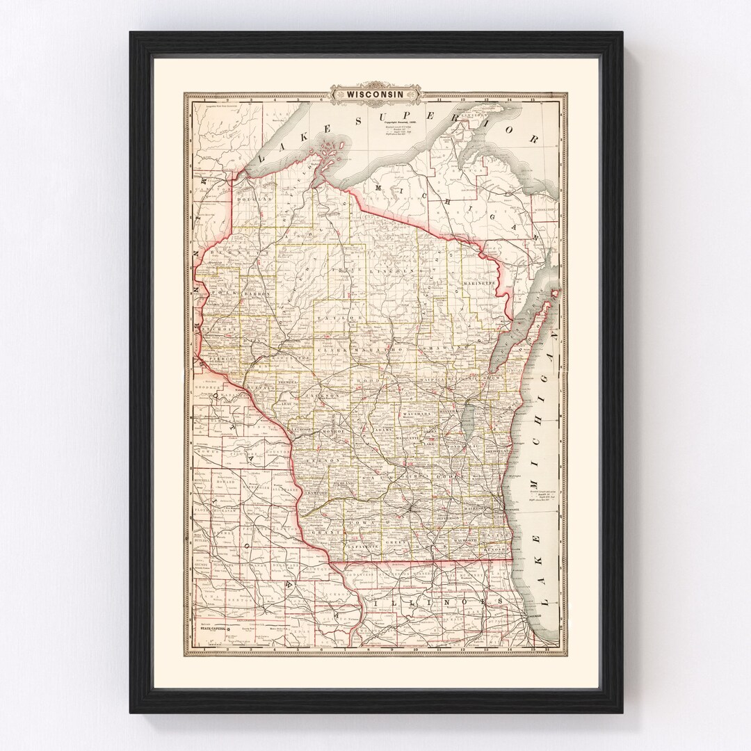 Wisconsin Map 1882, Vintage Wisconsin Map, Old Wisconsin Art, Wall Art ...