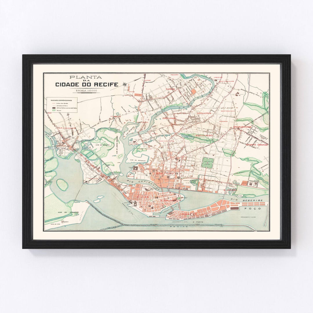 Recife Map 1914 Old Map of Recife Brazil Art Vintage Print Framed Wall ...
