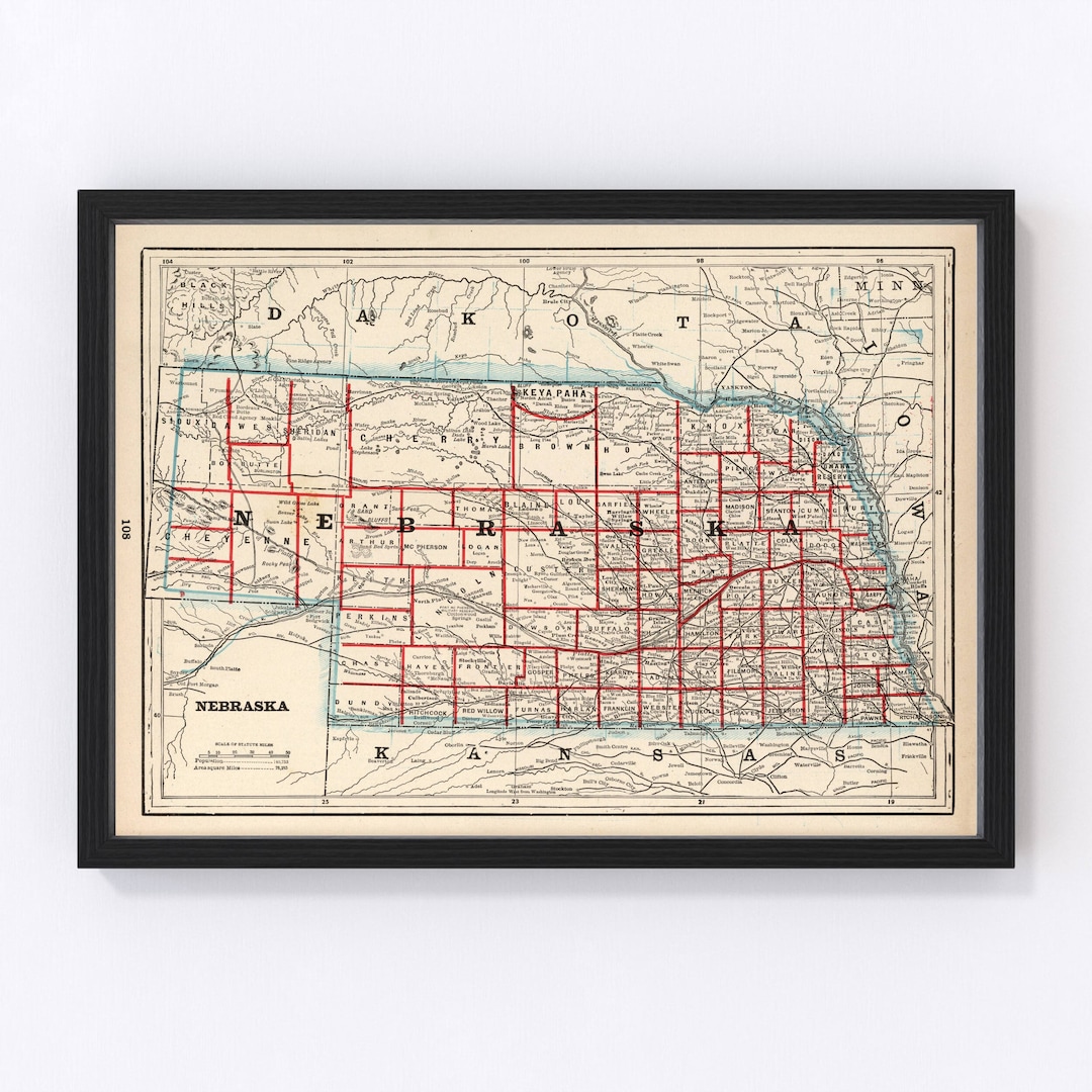 Nebraska Map 1893 - Old Map of Nebraska Art Vintage Print Framed Wall ...