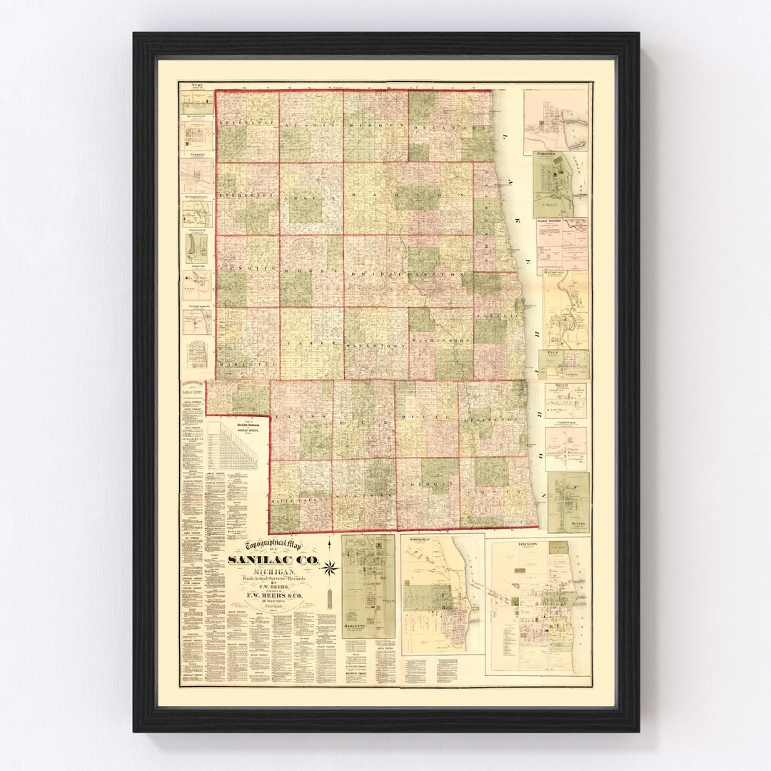 Sanilac County Michigan Map 1876 Old Map of Sanilac County Michigan Art ...