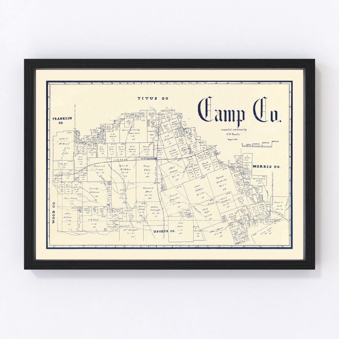Camp County TX Map 1897 Old Map of Texas Art Vintage Print Framed Canvas Birds Eye View Portrait ...