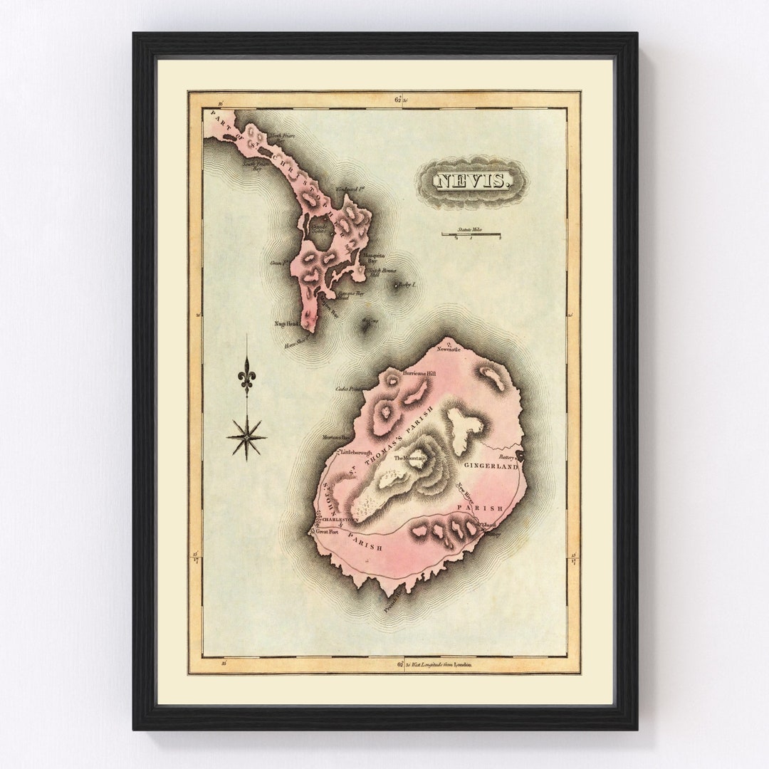 Nevis Map 1823 - Old Map of Nevis Art Vintage Print Framed Wall Art ...
