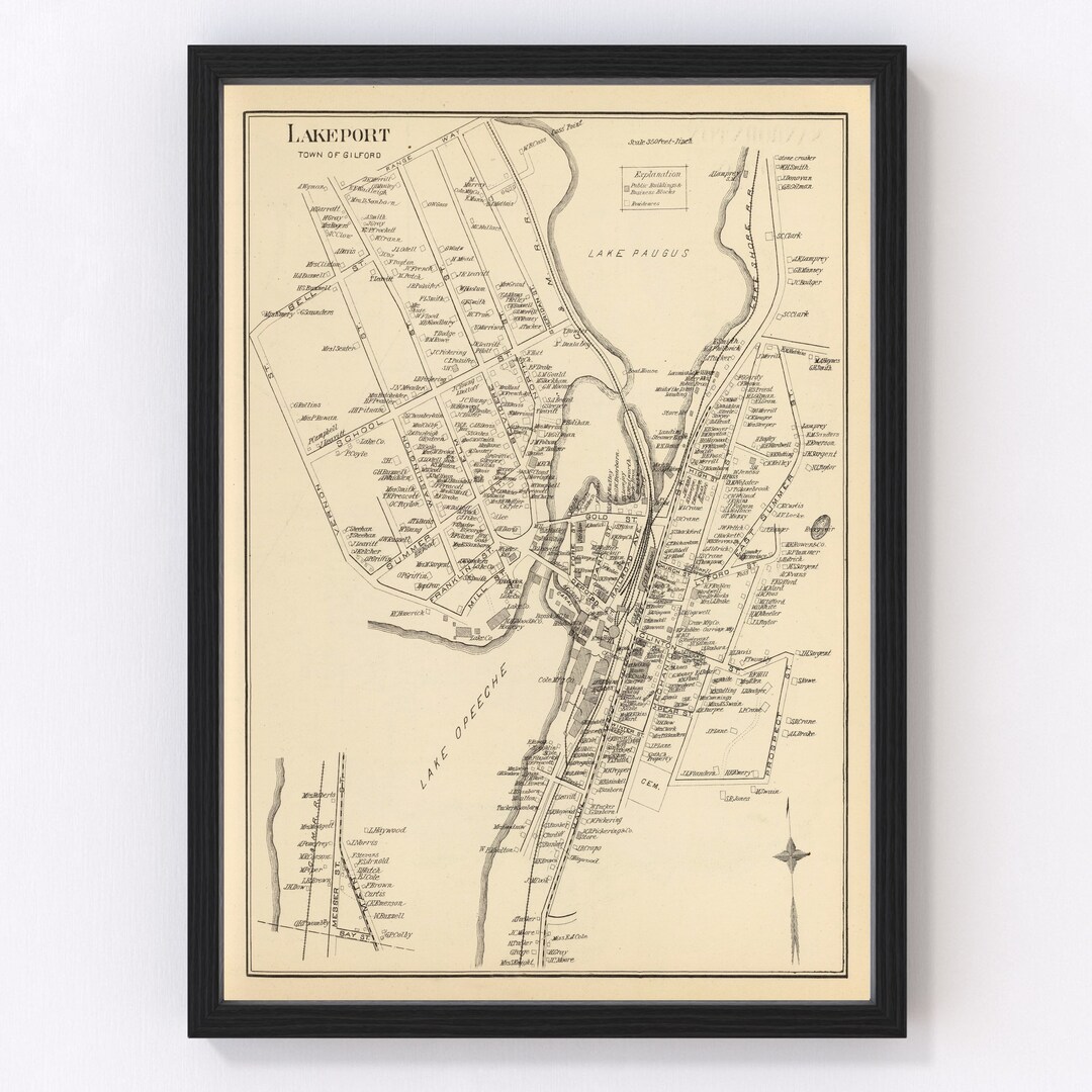 Lakeport Map 1892, Vintage Lakeport Map, Old Lakeport New Hampshire Art ...