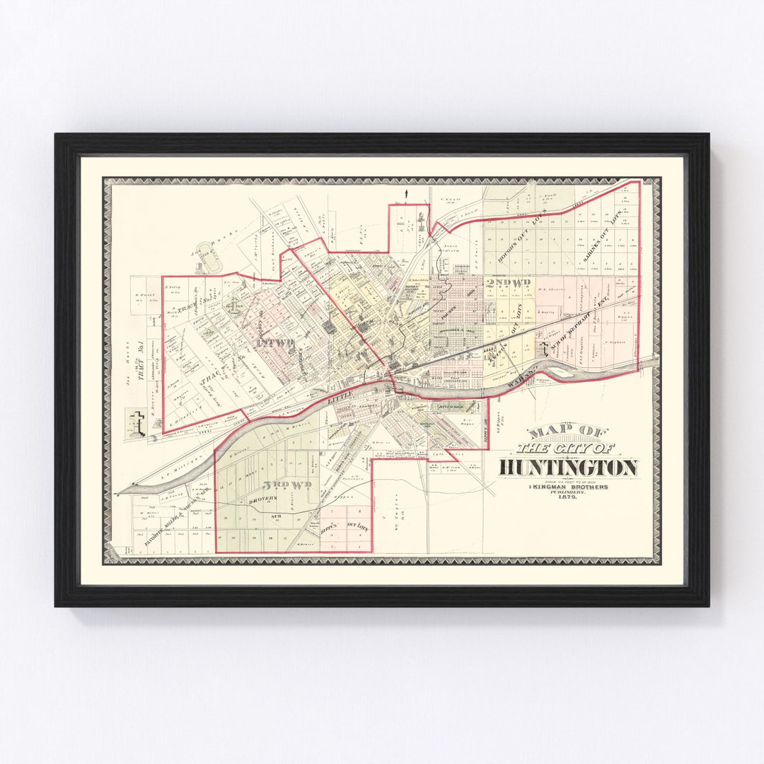 Huntington Map 1879, Vintage Huntington Map, Old Huntington Indiana Art ...