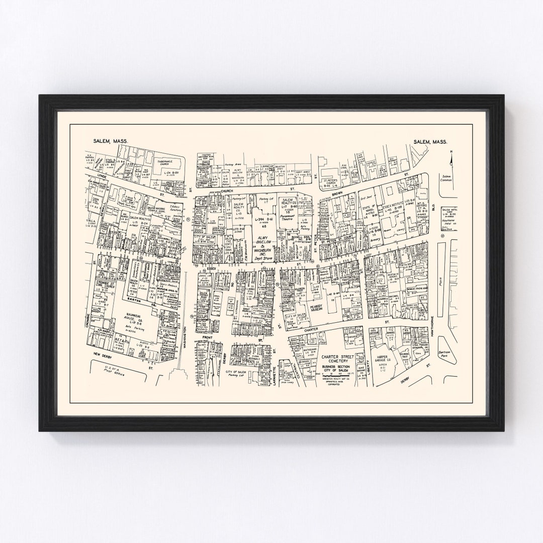 Salem Map 1946 - Old Map of Salem Business Section Massachusetts Art ...