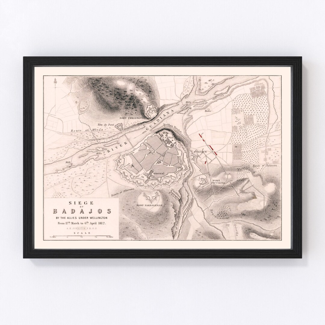 Siege of Badajos Map 1812 Old Map of Siege of Badajos Art Vintage Print ...