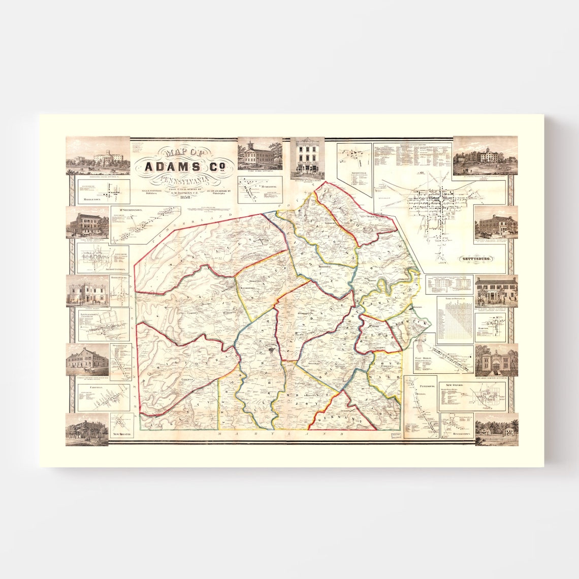Adams County Map 1858, Vintage Adams County Map, Old Adams County New ...