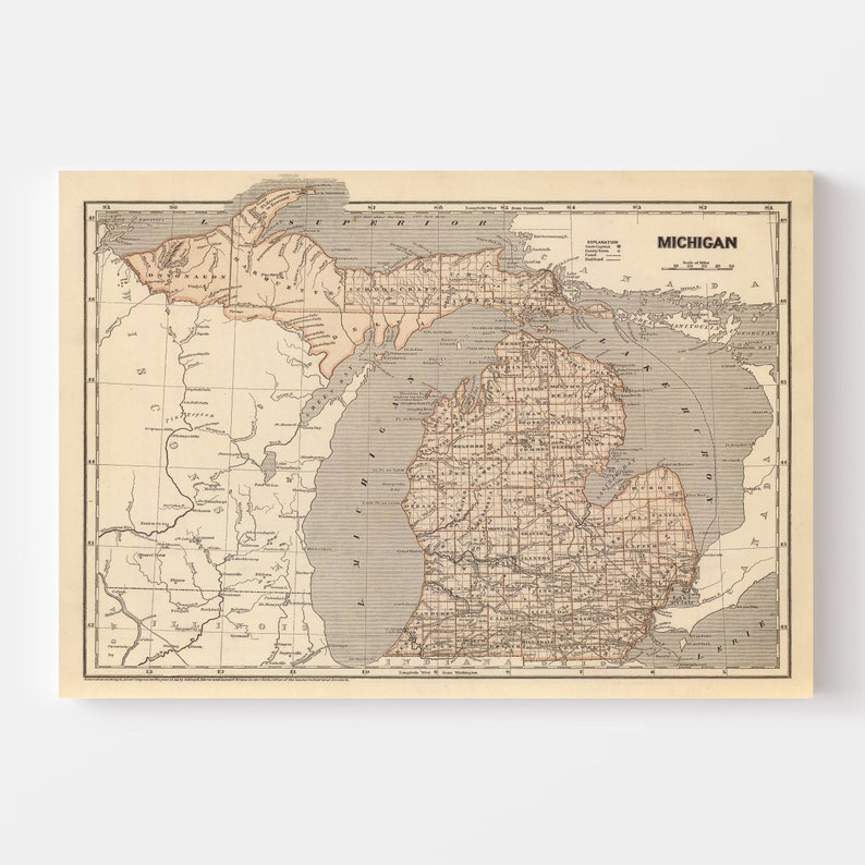 Michigan Map 1842 - Old Map of Michigan Art Vintage Print Framed Wall ...