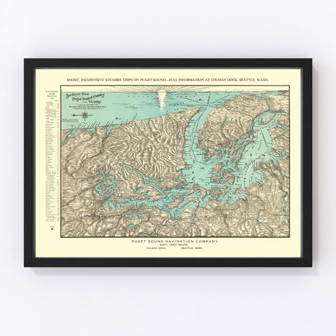 Puget Sound Map 1910, Vintage Puget Sound Map, Old Puget Sound Art ...