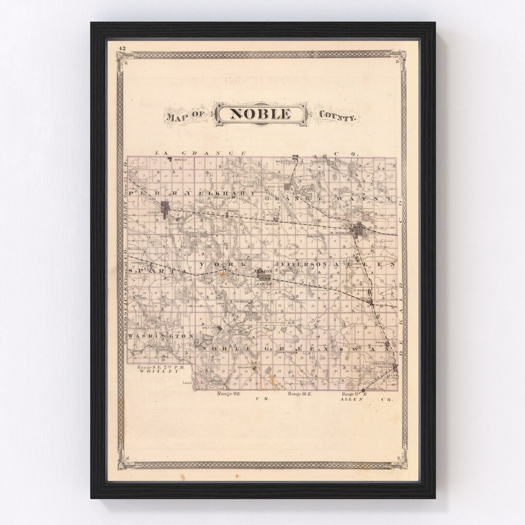 Noble County IN Map 1876 Old Map of Albion Indiana Art Vintage Print ...