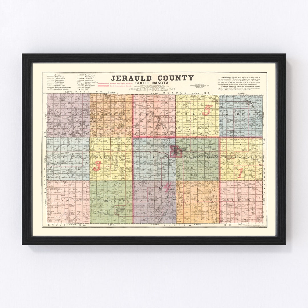 Jerauld County SD Map 1919 Old Map of South Dakota Art Vintage Print ...