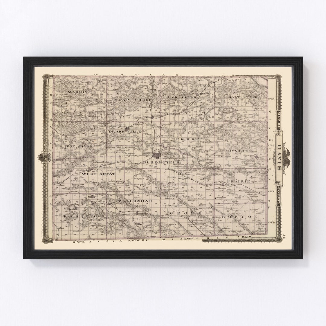 Davis County IA Map 1875 Old Map of Bloomfield Iowa Art Vintage Print ...