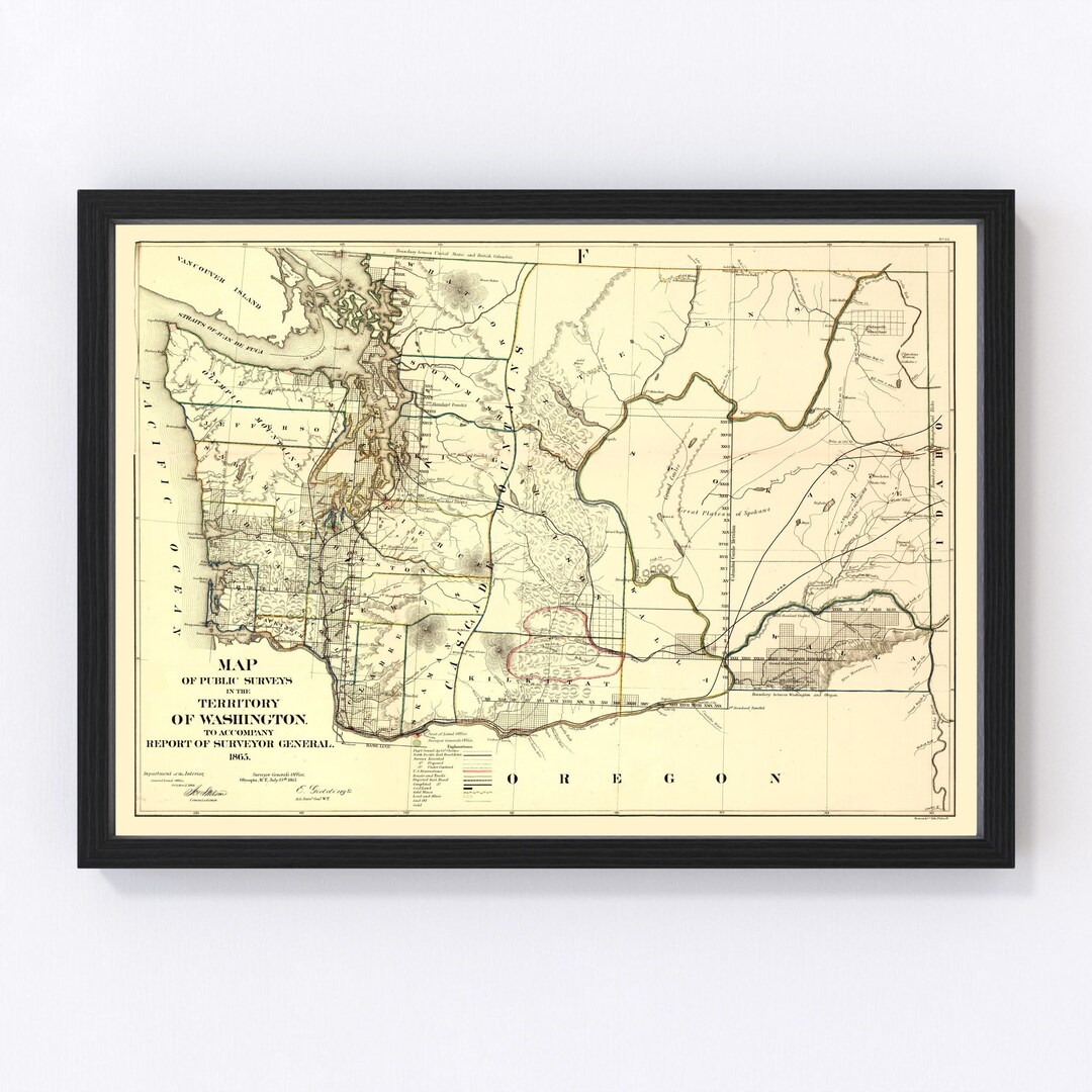 Washington Map 1866, Vintage Washington Map, Old Washington Art, Wall ...