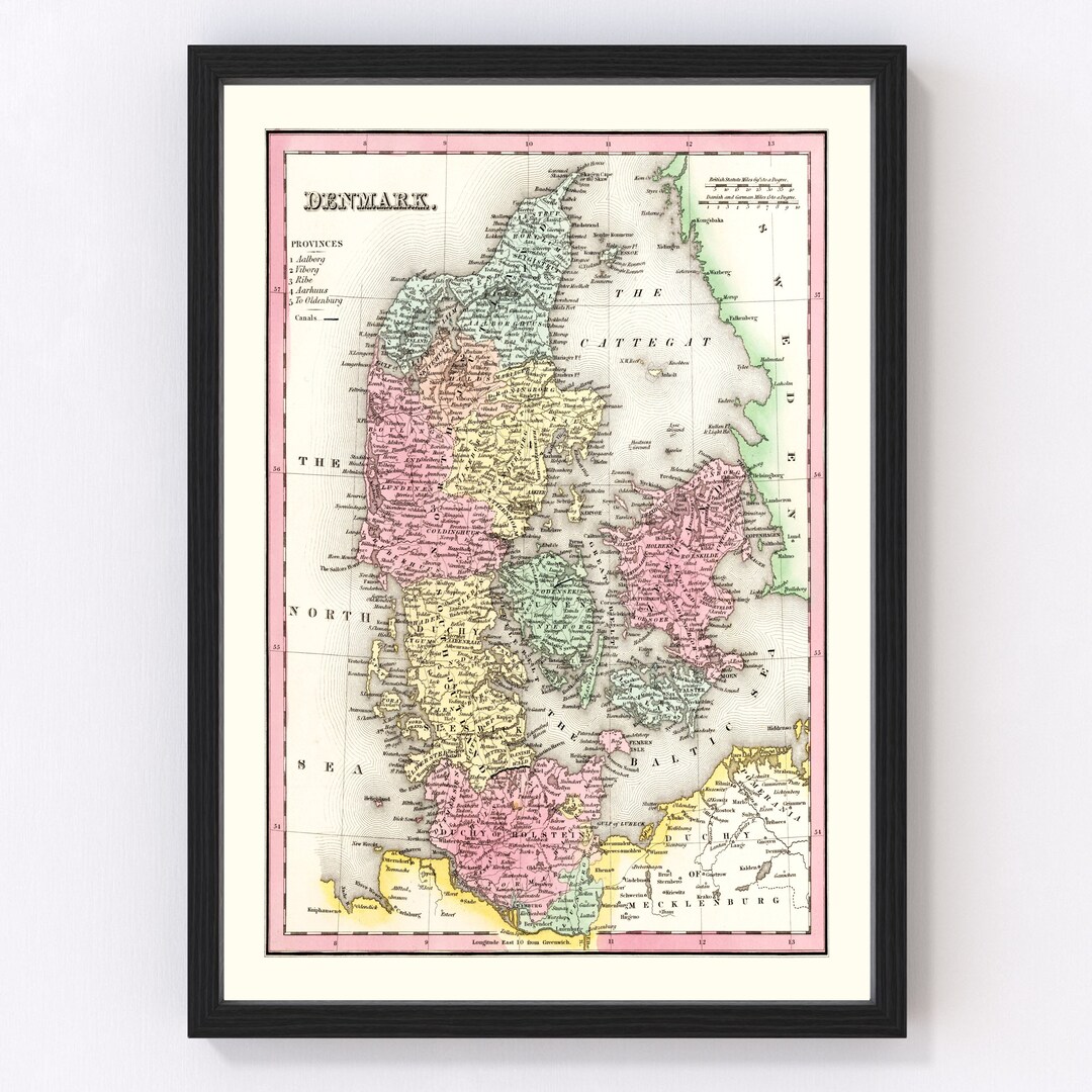 Denmark Map 1836, Vintage Denmark Map, Old Denmark Art, Wall Art Gift ...