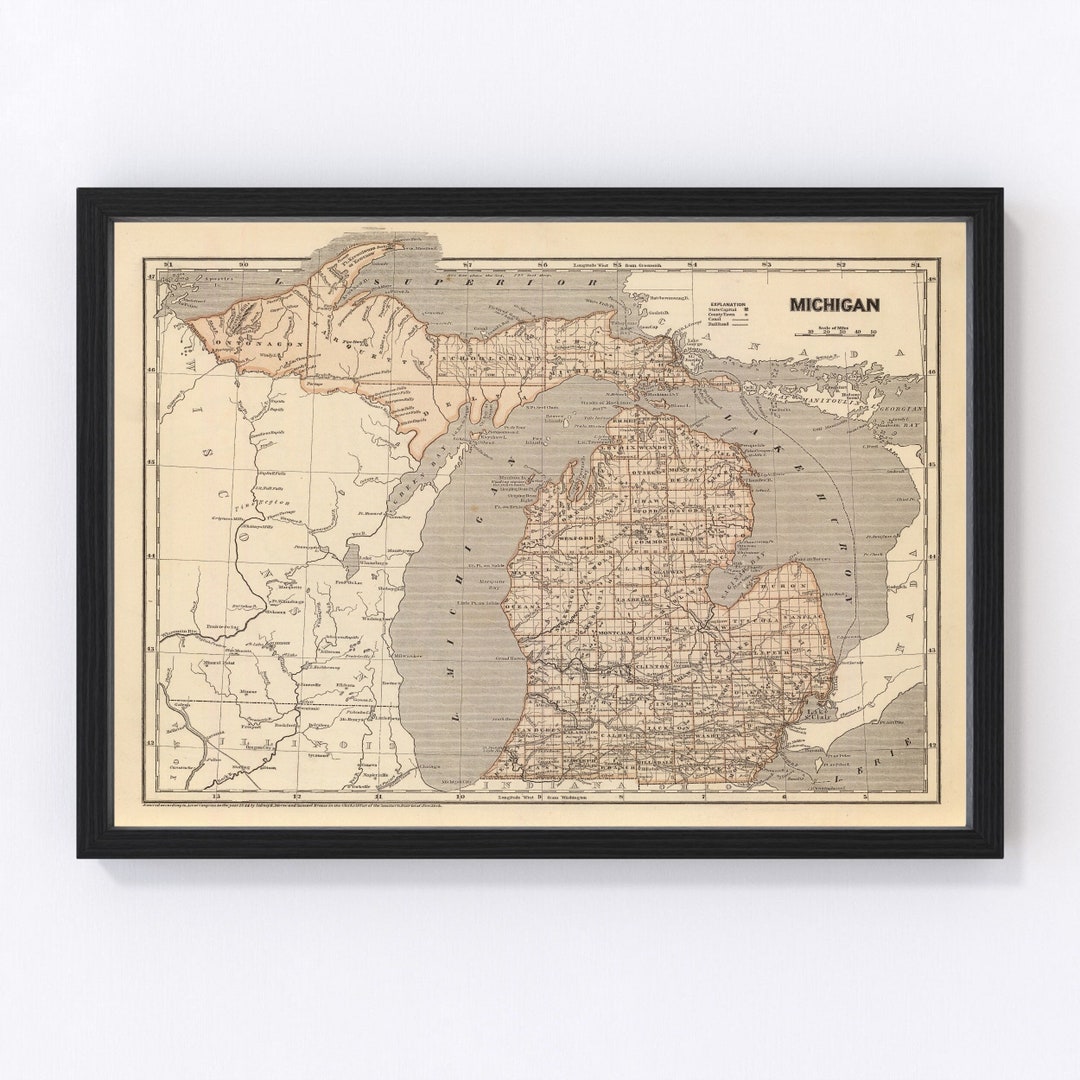 Michigan Map 1842 - Old Map of Michigan Art Vintage Print Framed Wall ...