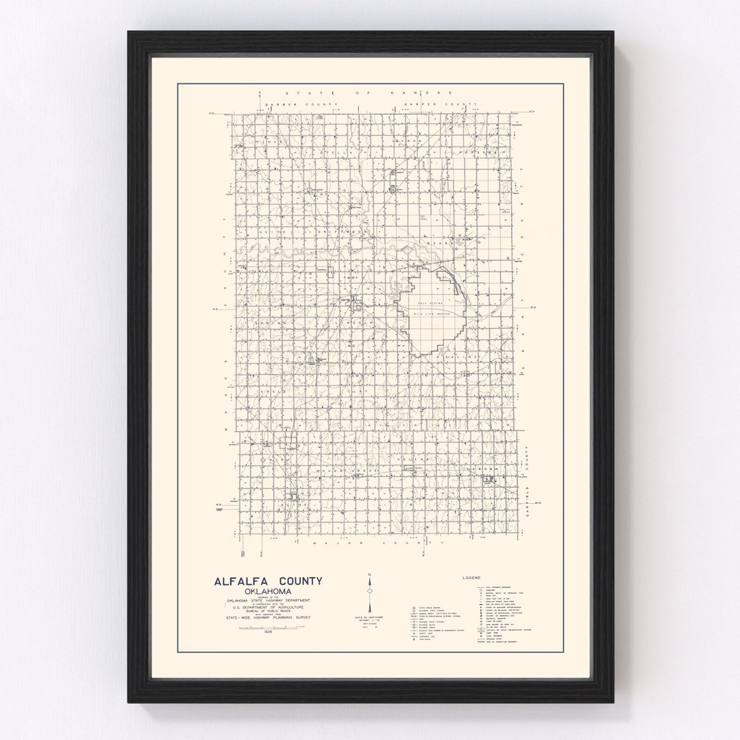 Alfalfa County OK Map 1936 Old Map of Oklahoma Art Vintage Print Framed ...