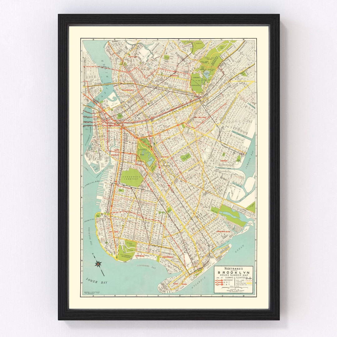 Brooklyn Map 1934 Old Map of Brooklyn New York Art Vintage Print Framed ...