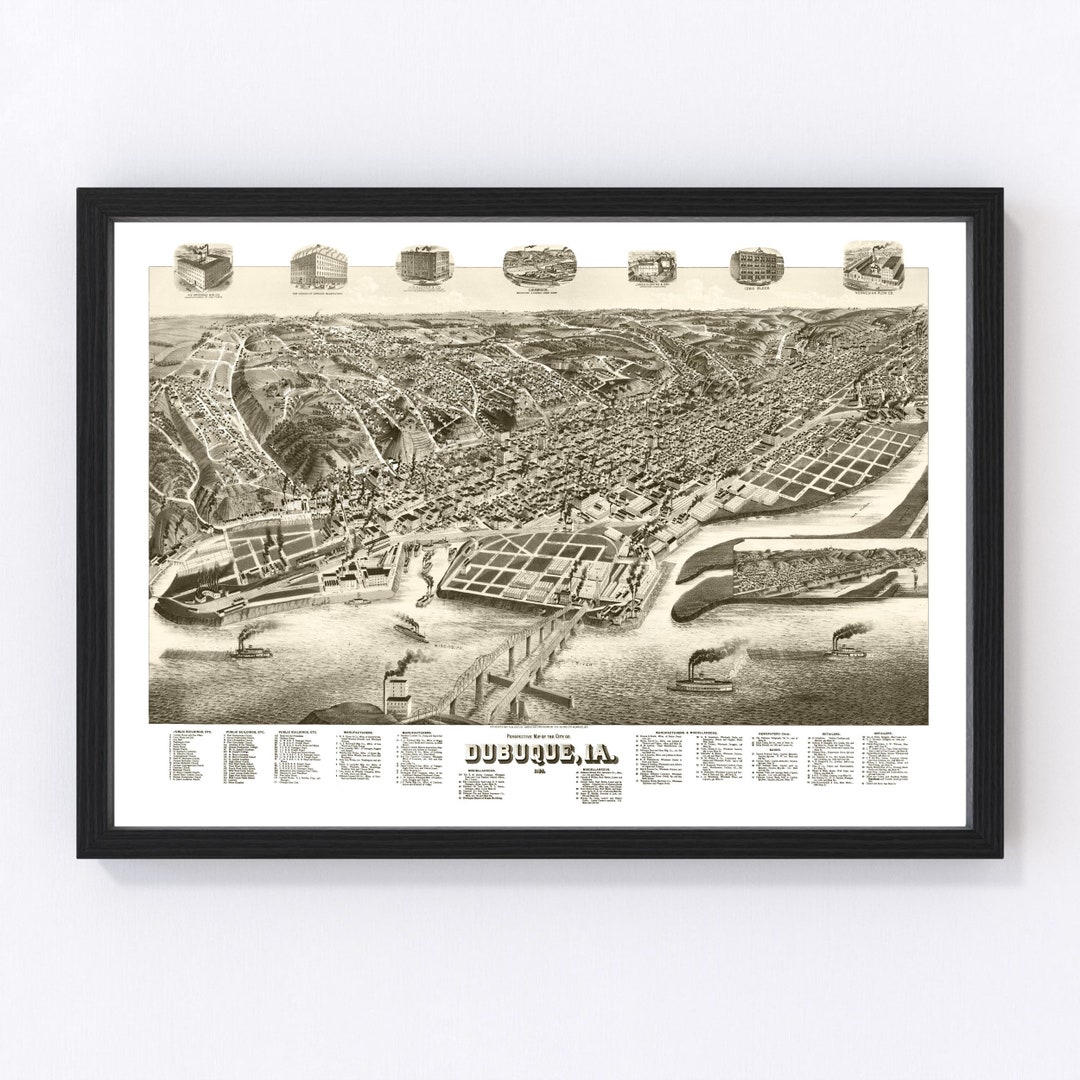 Dubuque Map 1889 - Old Map of Dubuque Iowa Art Vintage Print Framed ...