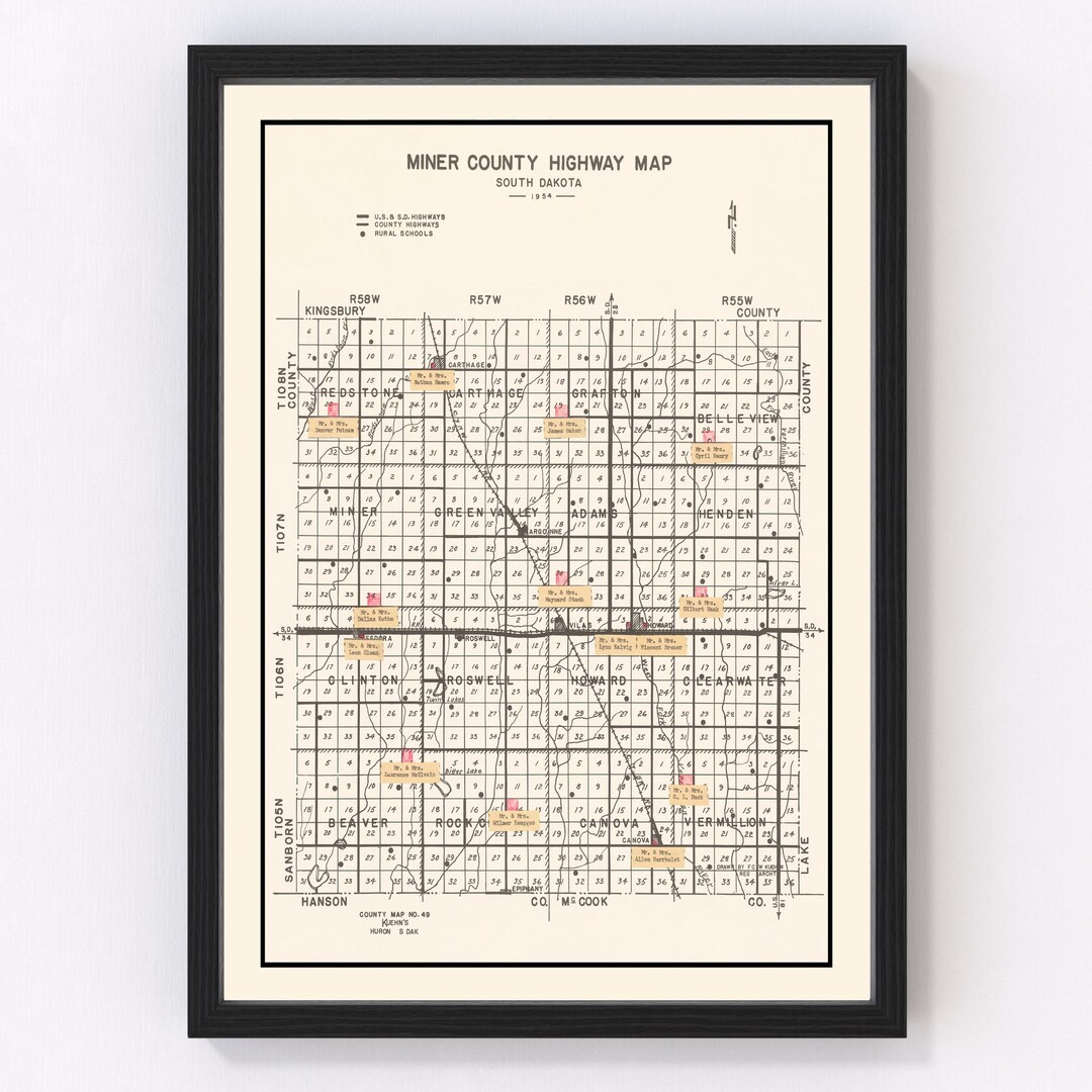 Miner County SD Map 1954 Old Map of South Dakota Art Vintage Print ...