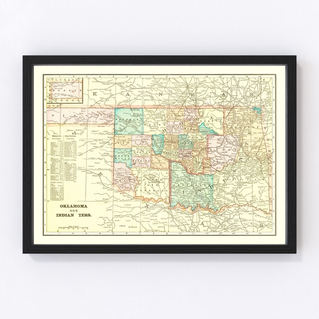 Oklahoma Map 1899 - Old Map of Oklahoma Art Vintage Print Framed Wall ...
