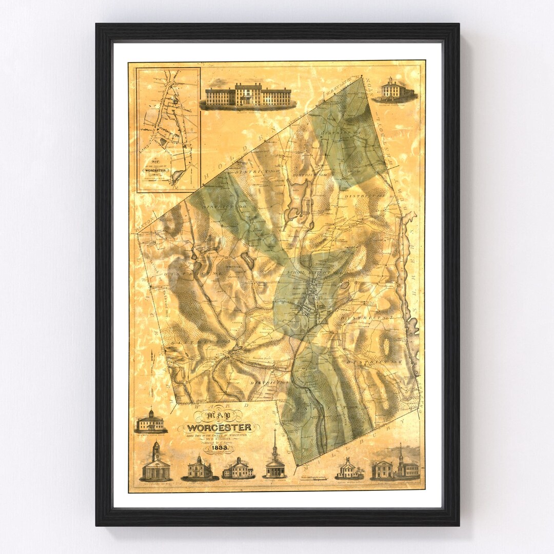 Worcester County Map 1833, Vintage Worcester County Map, Old Worcester ...