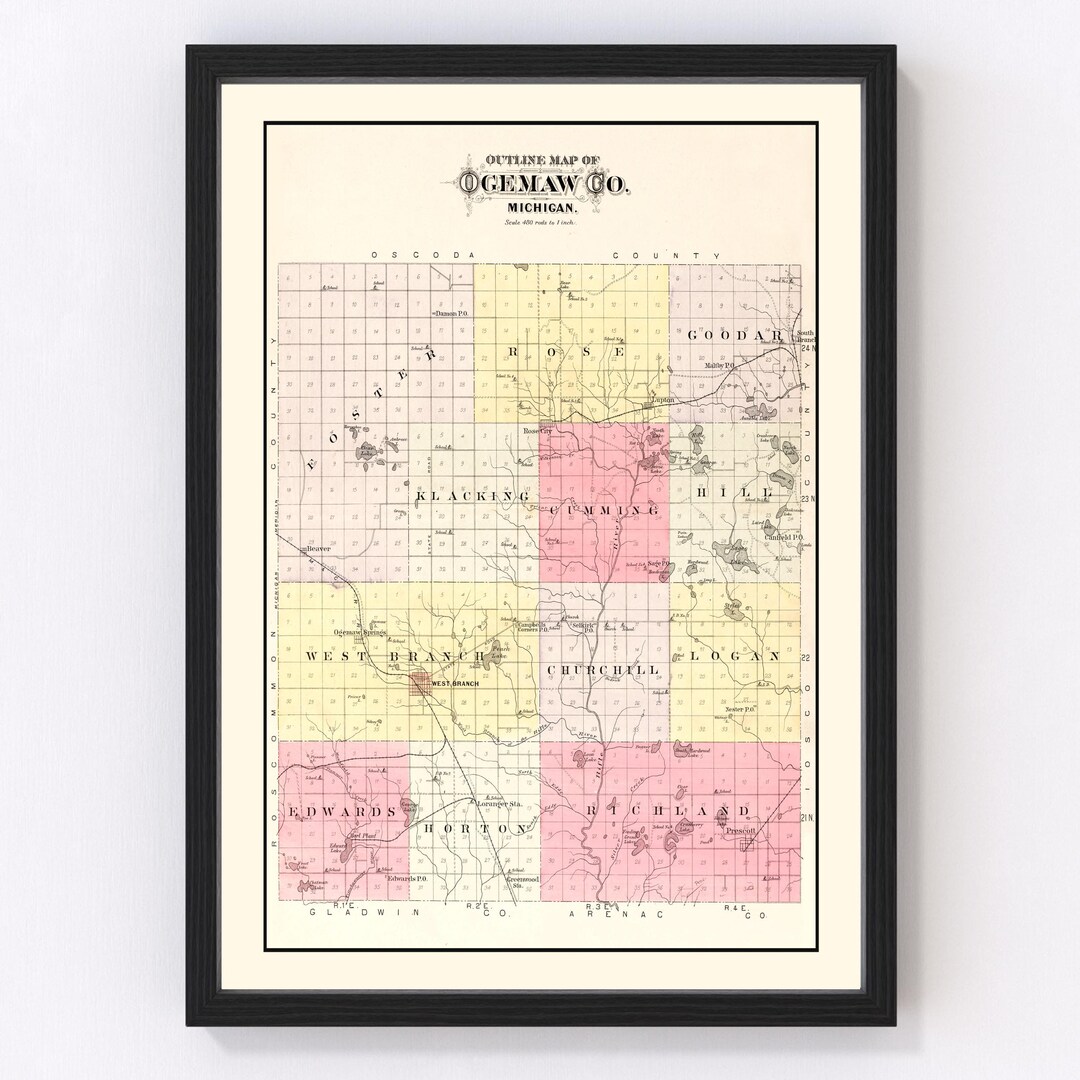 Ogemaw County MI Map 1903 Old Map of Michigan Art Vintage Print Framed ...
