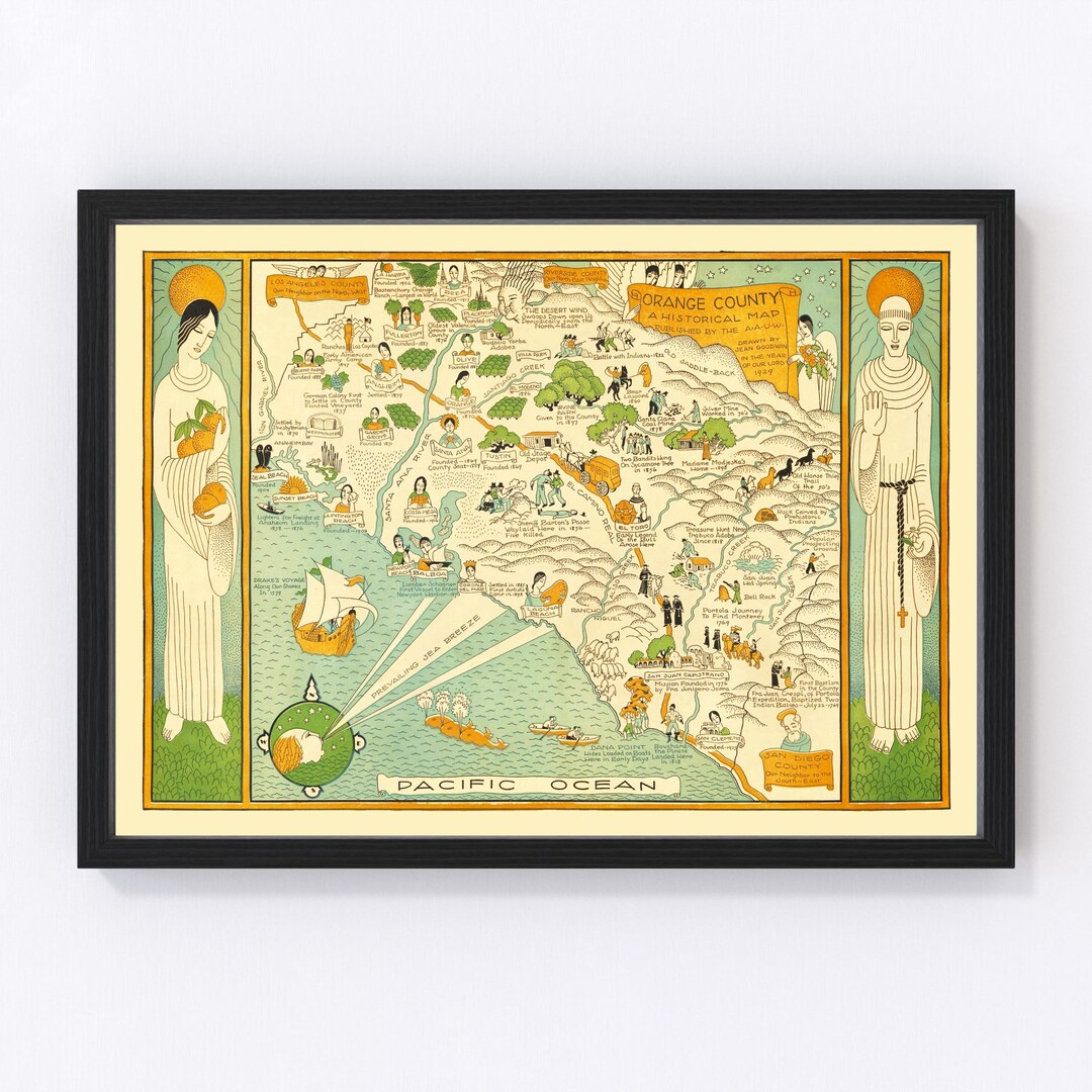 Orange County CA Map 1929 - Old Map of California Art Vintage Print ...