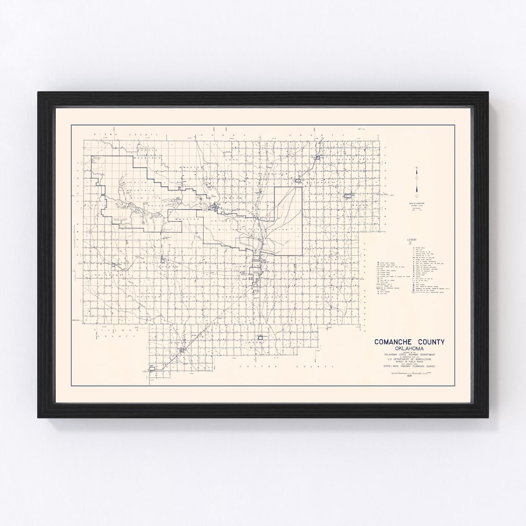 Comanche County OK Map 1936 Old Map of Oklahoma Art Vintage Print ...