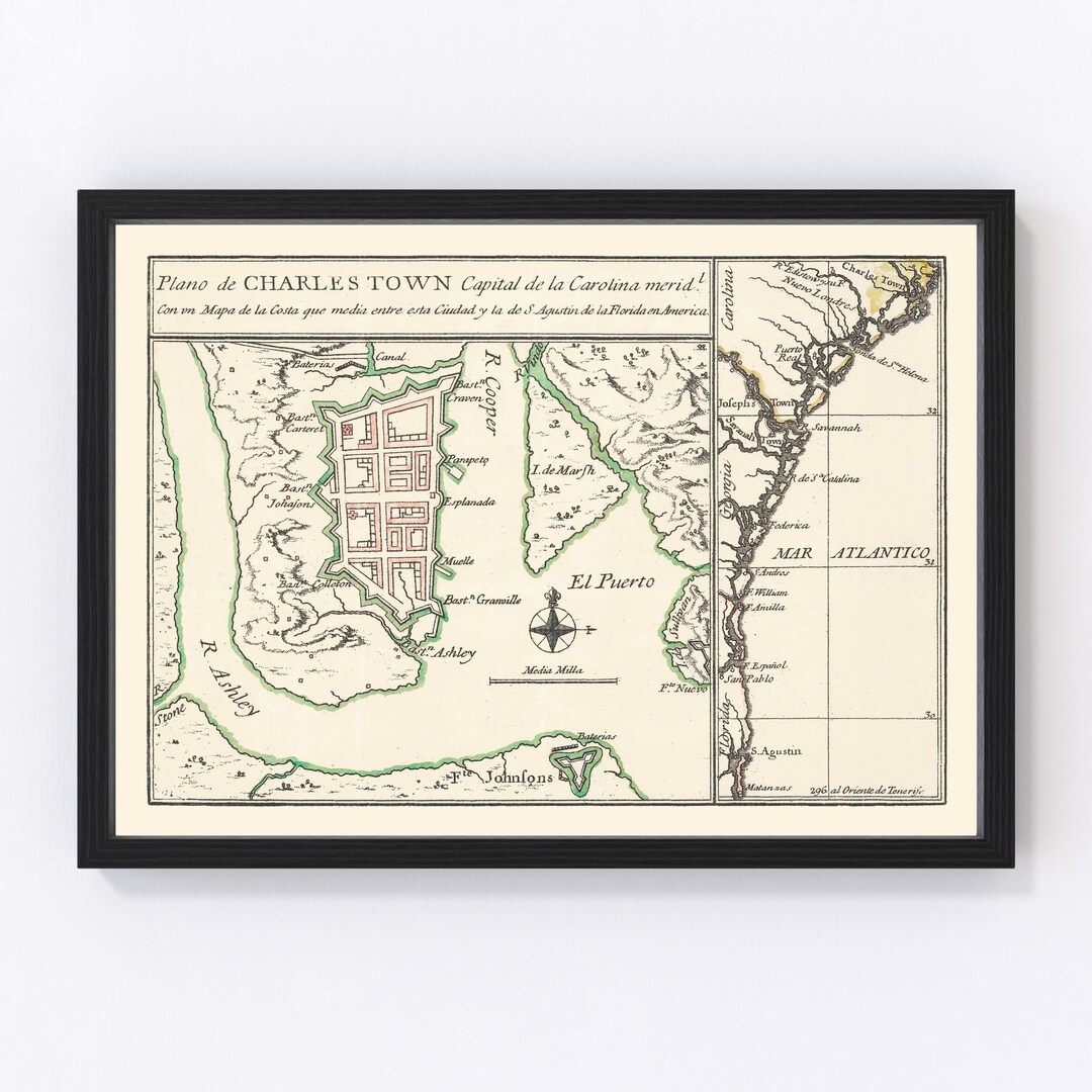 Charleston Map 1753 Old Map of Charleston South Carolina Art Vintage ...