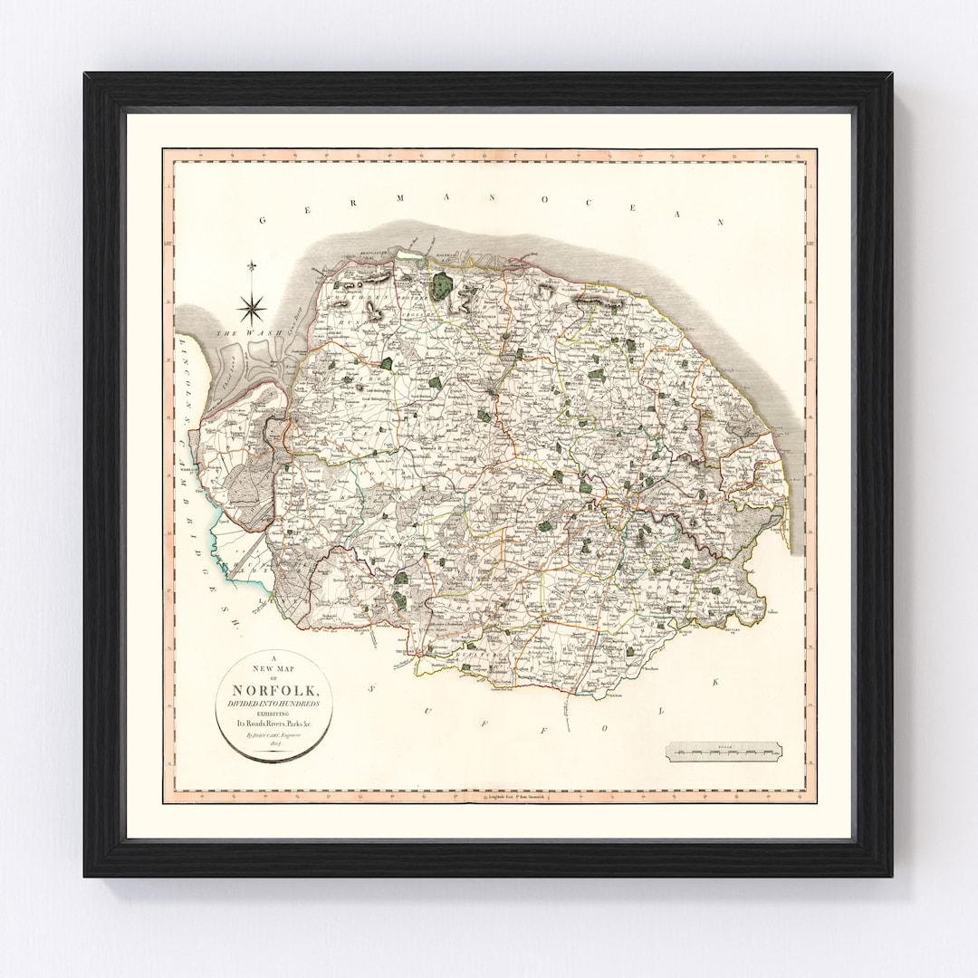 Norfolk County England Map 1807, Vintage Norfolk County England Map ...