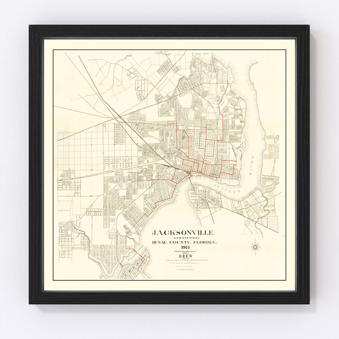 Jacksonville Map 1913 Old Map of Jacksonville Florida Art Vintage Print ...