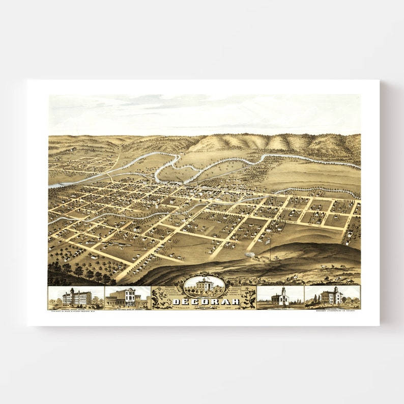 Decorah Map 1870 - Old Map of Decorah Iowa Art Vintage Print Framed ...