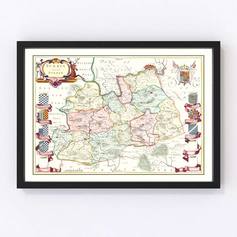 Surrey Map 1665 Old Map of Surrey England Art Vintage Print - Etsy