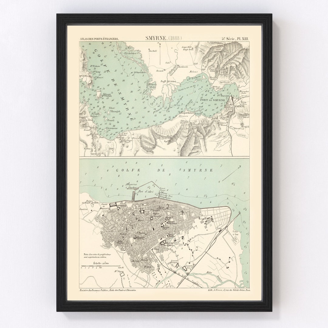 Izmir Map 1888 Old Map of Izmir Turkey Art Vintage Print Framed Wall ...