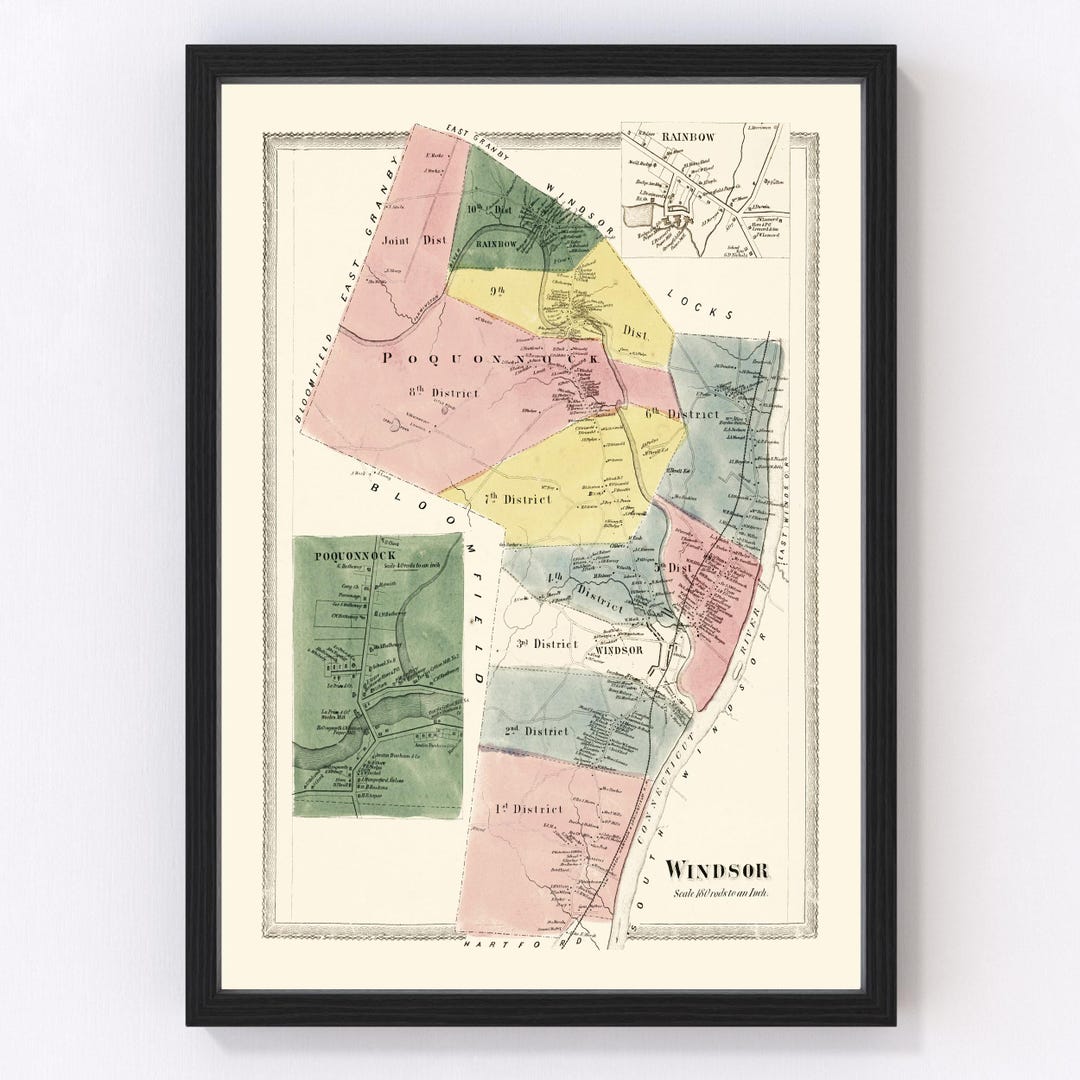 Windsor Map 1869, Vintage Windsor Map, Old Windsor Connecticut Art ...