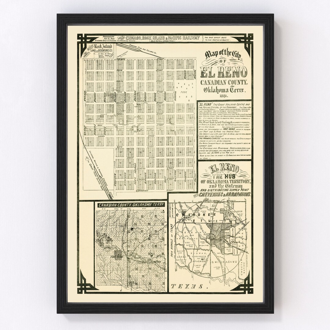 El Reno Map 1891 Old Map of El Reno Oklahoma Art Vintage Print Framed ...
