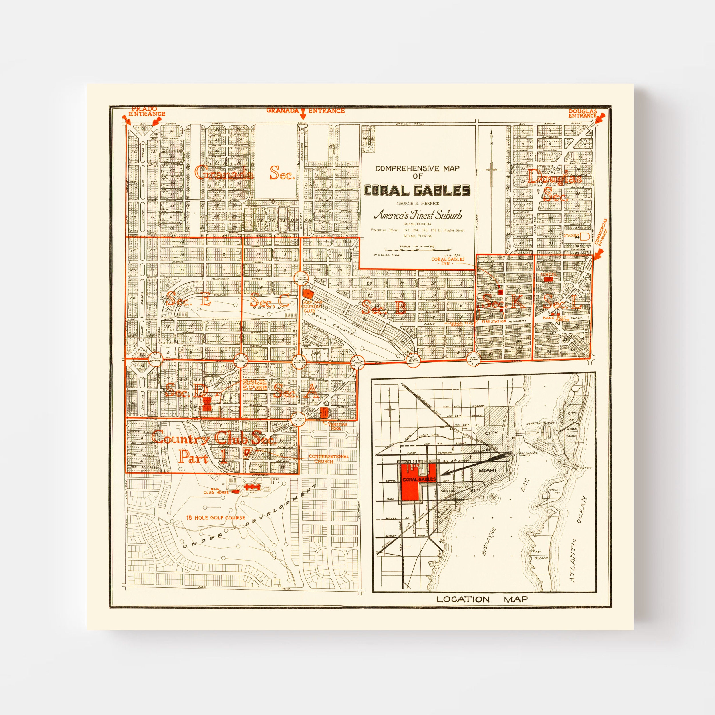 Coral Gables Map 1924 Old Map of Coral Gables Florida Art - Etsy