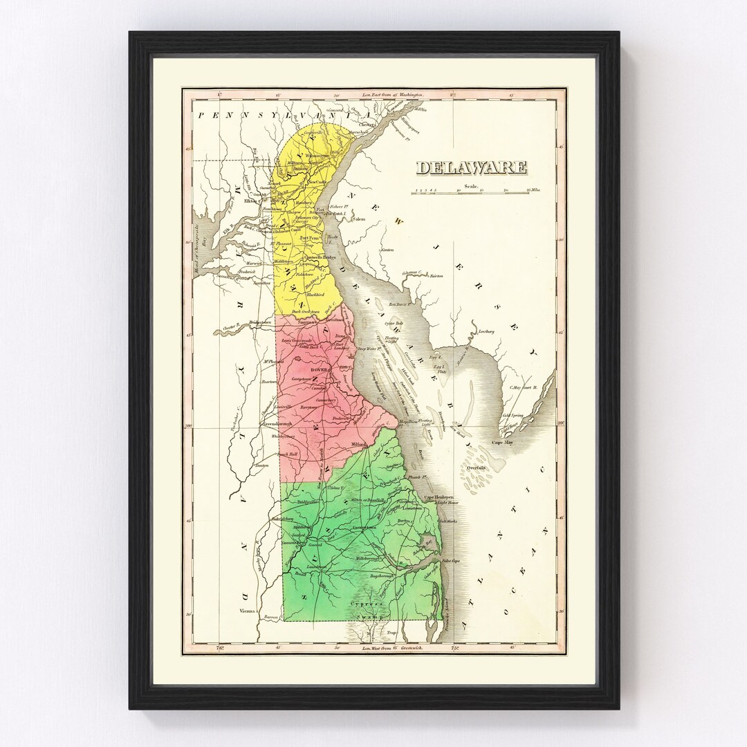 Delaware Map 1831, Vintage Delaware Map, Old Delaware Art, Wall Art ...
