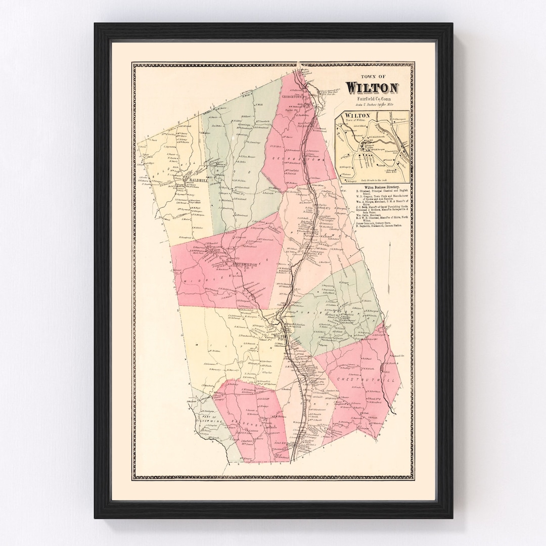 Wilton Map 1867 Old Map of Wilton Connecticut Art Vintage Print Framed ...