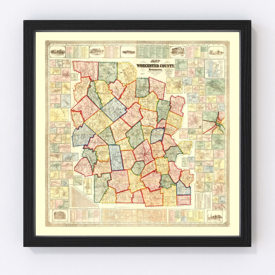 Worcester County Massachusetts Map 1857 Old Map of Worcester County ...