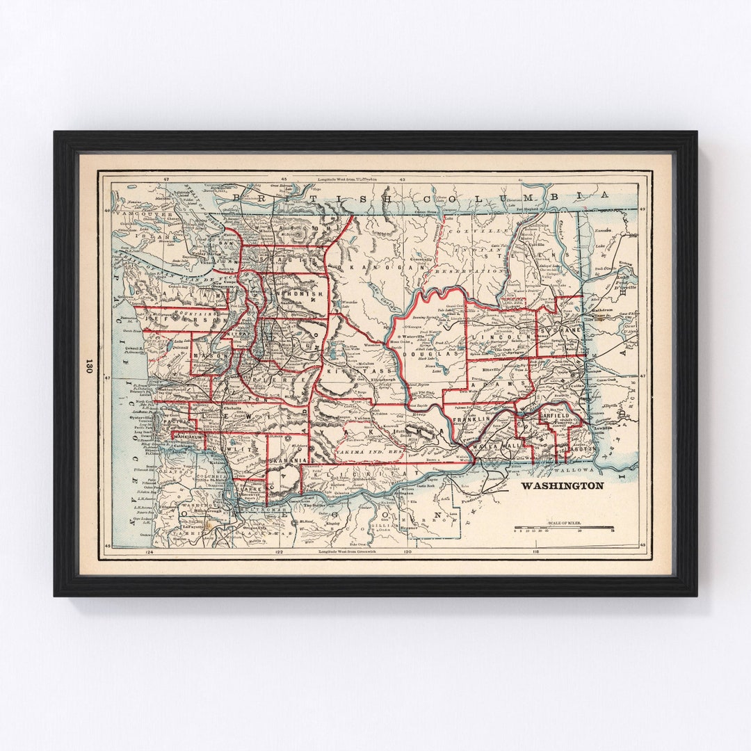 Washington Map 1893 Old Map of Washington Art Vintage Print Framed Wall ...
